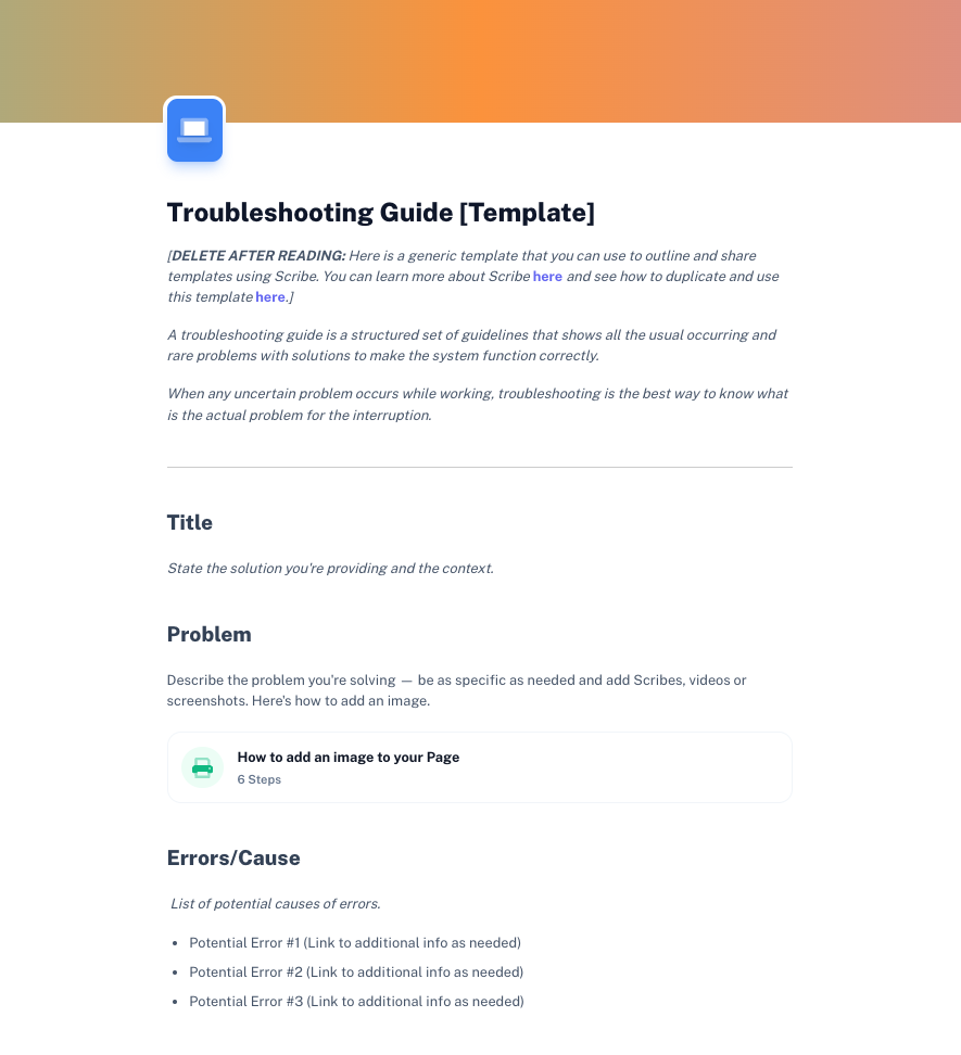 Troubleshooting Guide Template Scribe